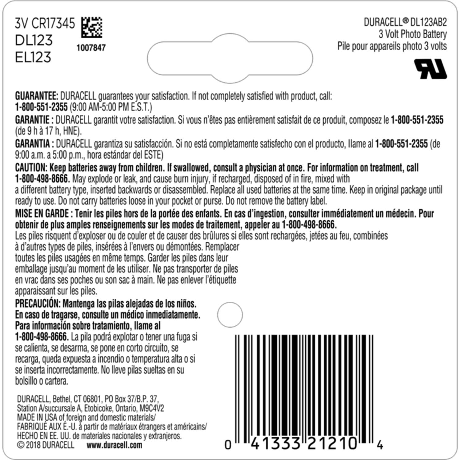 Duracell Lithium 123 3 V 1470 Ah Camera Battery DL123AB2PK 2 pk | Stine ...