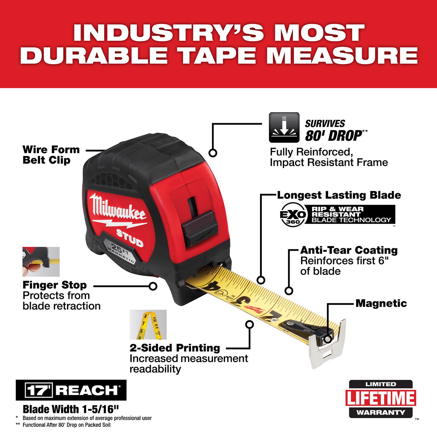 Milwaukee Stud 25 ft. L X 1-5/16 in. W Magnetic Tape Measure 1 pk ...