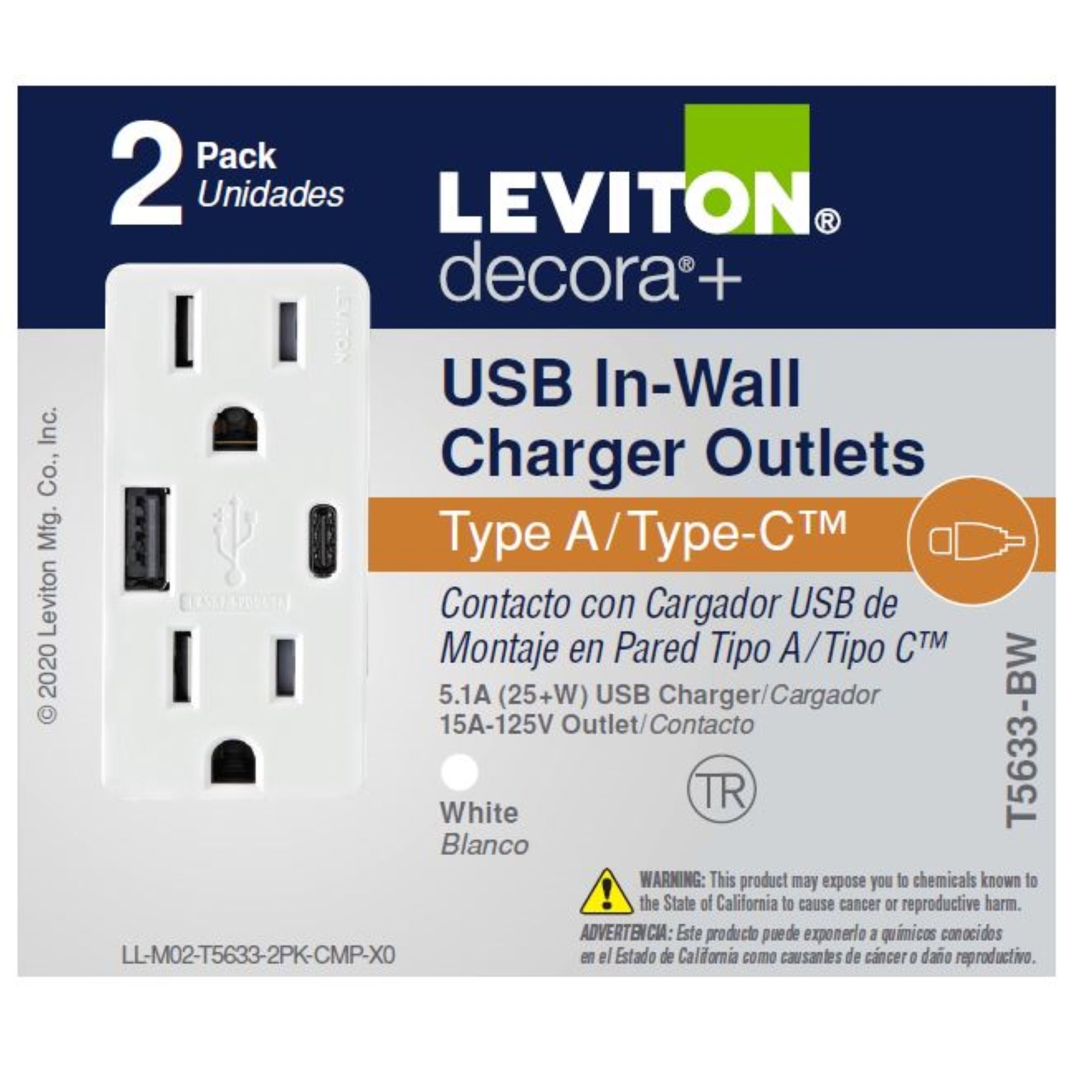 Leviton Decora 15 amps Type A/C Duplex White Outlet and USB Charger 5 ...