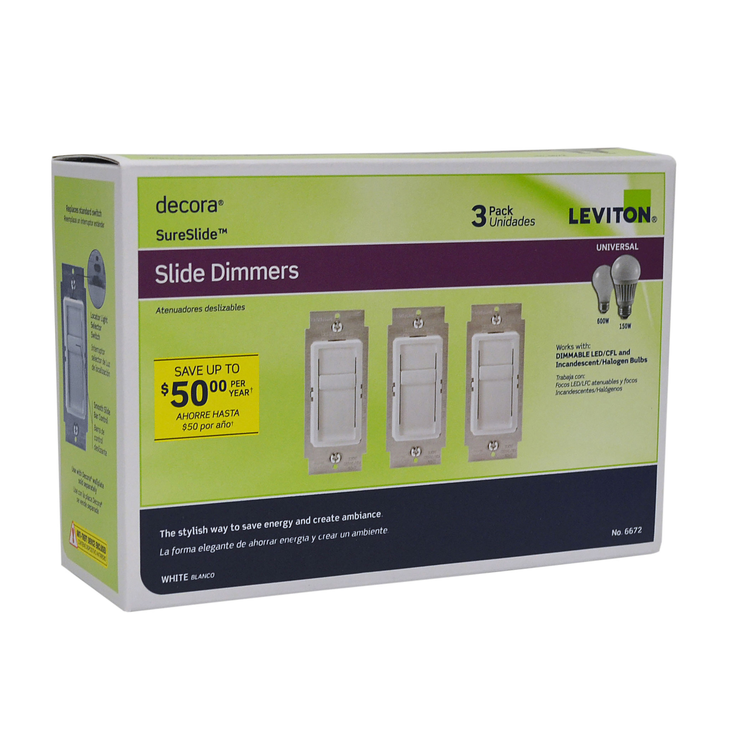 Leviton Decora SureSlide White 600 W Slide Dimmer Switch 3 pk | Stine ...